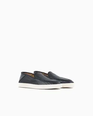 Giorgio Armani Galleria 3 Braided Leather Slip-ons - Navy_blue