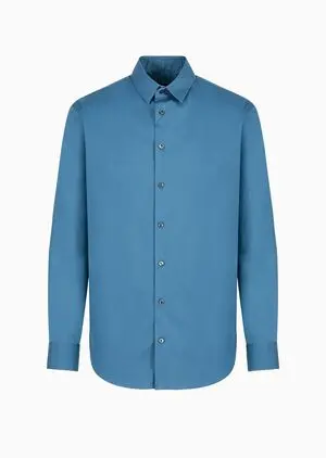 Giorgio Armani Plain-knit Stretch Cotton Shirt Blue Logo