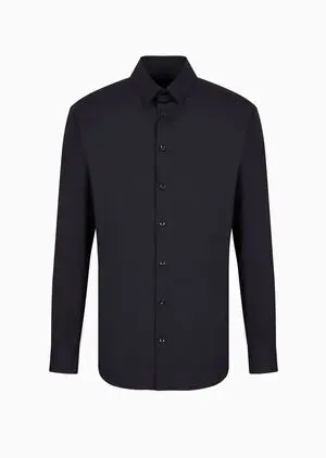Giorgio Armani Plain-knit Stretch Cotton Shirt Dark Blue