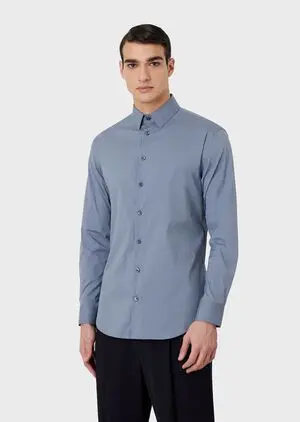 Giorgio Armani Plain-knit Stretch Cotton Shirt Light Blue