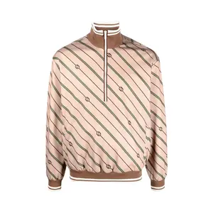 Gucci Twill Gg Stripe Knit Half Zip Jacket 'beige/brown