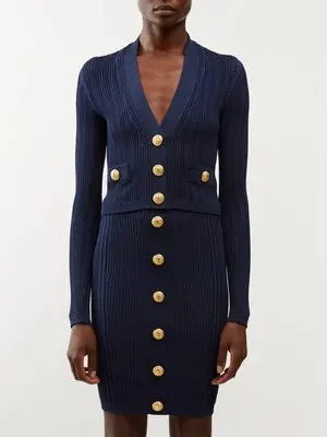 Balmain Balmain - V-neck Pointelle-knit Cardigan - Womens - Navy - Navy