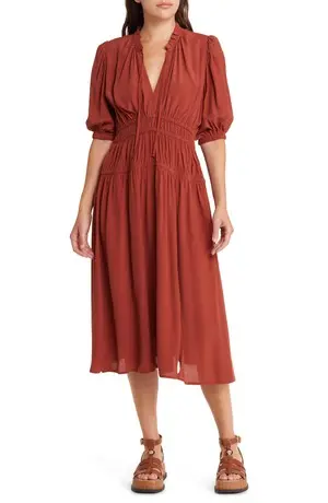 Treasure & Bond Split Neck Smock Waist Midi Dress