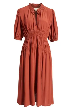 Treasure & Bond Split Neck Smock Waist Midi Dress