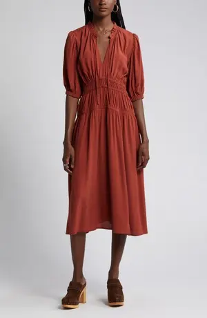 Treasure & Bond Split Neck Smock Waist Midi Dress