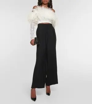 David Koma Sequined Feather-trimmed Crop Top