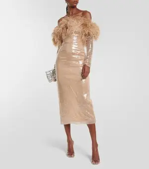 David Koma Feather-trimmed Sequined Midi Dress - Beige
