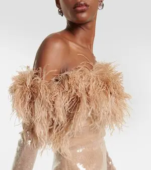 David Koma Feather-trimmed Sequined Midi Dress - Beige