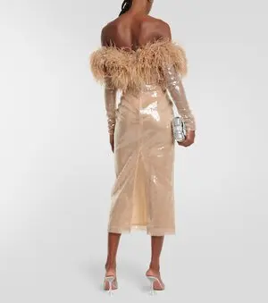 David Koma Feather-trimmed Sequined Midi Dress - Beige