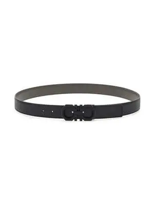 FERRAGAMO Logo Buckle Leather Belt - Grey