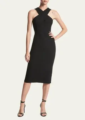 Michael Kors Crossover-Neck Boucle Wool Crepe Midi Dress - Black