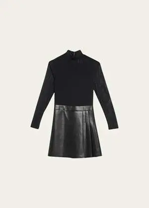 Alice + Olivia Chara Long-sleeve Vegan Leather Pleated Mini Dress