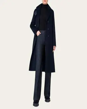 Akris Leather Collar Cashmere Coat - Navy