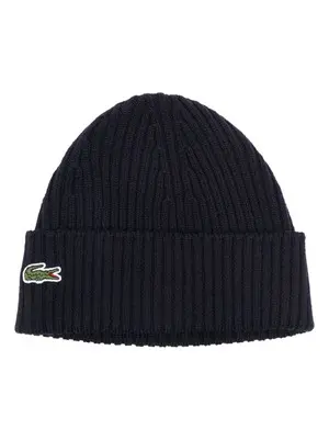 Lacoste Logo-Patch Ribbed-Knit Beanie Blue