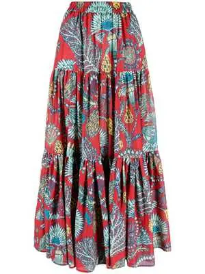 La DoubleJ Big Floral-print Tiered Skirt - Red