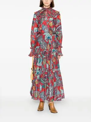 La DoubleJ Big Floral-print Tiered Skirt - Red