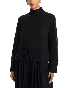 Aqua 100% Cashmere Boxy Mock Neck Sweater - Black