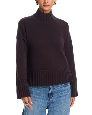 Aqua 100% Cashmere Boxy Mock Neck Sweater - Chocolate