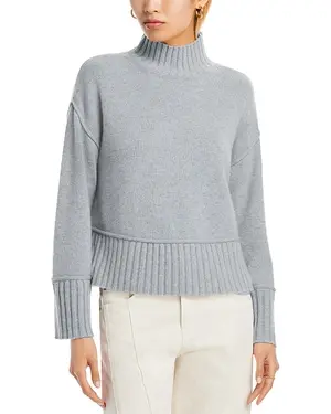 Aqua 100% Cashmere Boxy Mock Neck Sweater - Light Gray