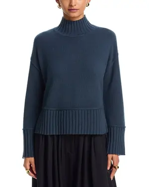 Aqua 100% Cashmere Boxy Mock Neck Sweater - Midnight Forest