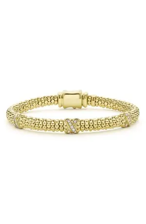 Lagos Embrace Triple Diamond Station Caviar Beaded Bracelet - Gold