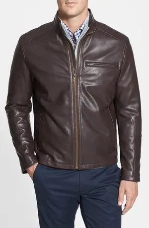 Cole Haan Lambskin Leather Moto Jacket - Java