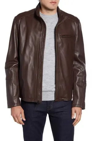Cole Haan Lambskin Leather Moto Jacket - Java