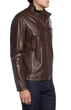 Cole Haan Lambskin Leather Moto Jacket - Java
