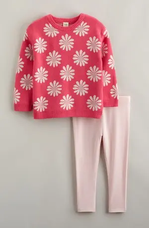 TUCKER + TATE Jacquard Sweater & Pants Set - Pink Laurel Daisy- Pink