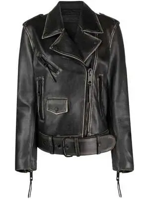Off-White Faded-effect Leather Biker Jacket - Black