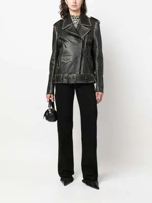 Off-White Faded-effect Leather Biker Jacket - Black