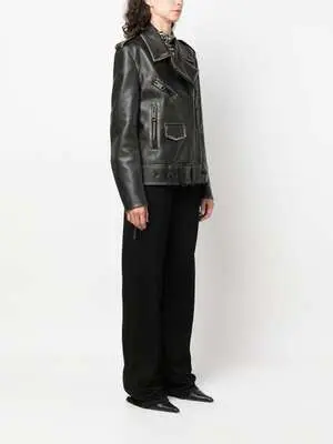Off-White Faded-effect Leather Biker Jacket - Black