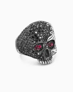 David Yurman David Yurman Waves Skull Ring In Sterling Silver With Black Diamonds Ruby