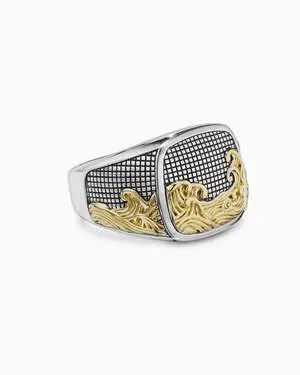 David Yurman Waves Signet Ring With Black Diamonds - Sterling Silver/18k Yellow Gold