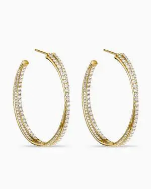 David Yurman 18k Yellow Gold Pavé Crossover Hoop Earrings - Diamond