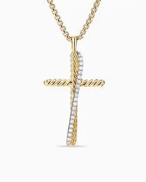 David Yurman 18k Yellow Gold Crossover Cross Pendant Necklace With Diamonds