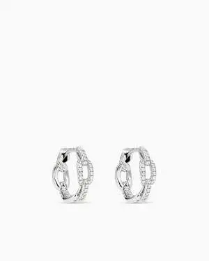 David Yurman 18k White Gold Stax Chain Link Huggie Hoop Earrings - Diamond