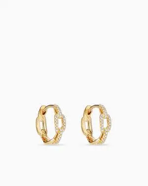 David Yurman 18k Yellow Gold Stax Chain Link Huggie Hoop Earrings With Diamonds - Diamond