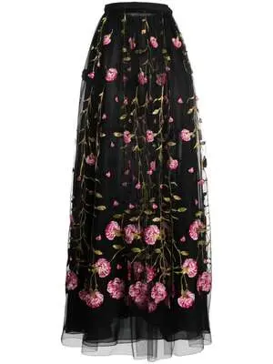 Giambattista Valli Floral-embroidered Tulle Maxi Skirt - Black