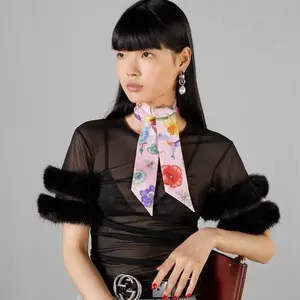 Gucci Flora Print Silk Twill Neck Bow Silk