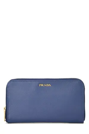 Prada Blue Saffiano Zip Around Wallet Blue