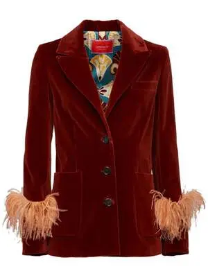 La DoubleJ Keaton Feather-trim Velvet Blazer - Red