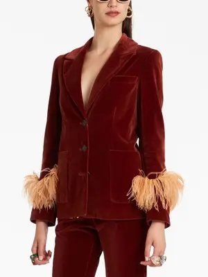 La DoubleJ Keaton Feather-trim Velvet Blazer - Red