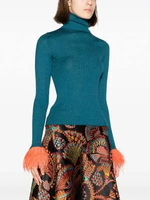 La DoubleJ Feather-trim Rib-knit Jumper - Blue