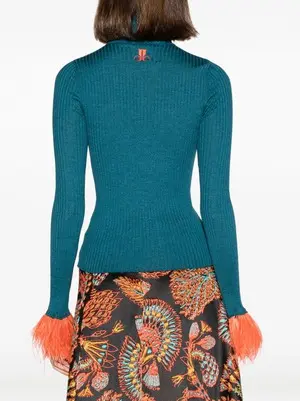 La DoubleJ Feather-trim Rib-knit Jumper - Blue