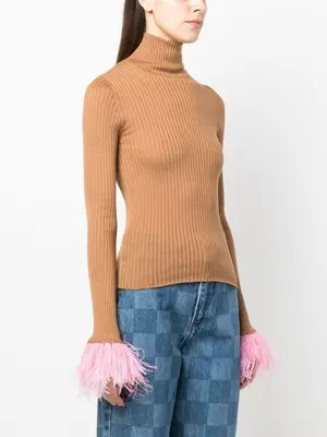 La DoubleJ Feather-cuff Ribbed-knit Jumper - Brown