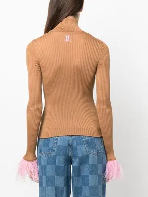 La DoubleJ Feather-cuff Ribbed-knit Jumper - Brown