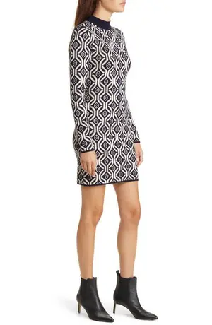 ZOE AND CLAIRE Geometric Print Long Sleeve Sweater Dress