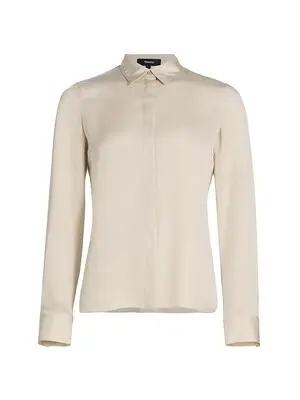 Theory Classic Fitted Silk Shirt Sand