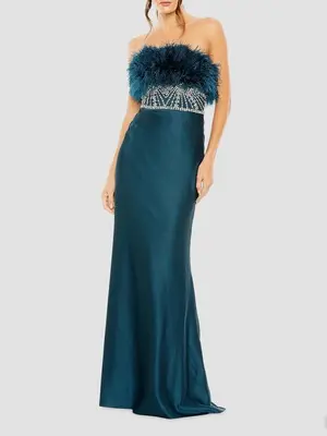 Mac Duggal Feather Rhinestone Column Gown - Teal